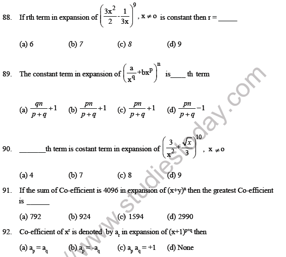 JEE Mathematics Binomial Theorem MCQs Set A with Answers